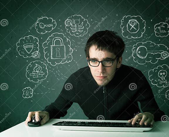 Young Nerd Hacker with Virus and Hacking Thoughts Stock Image - Image ...