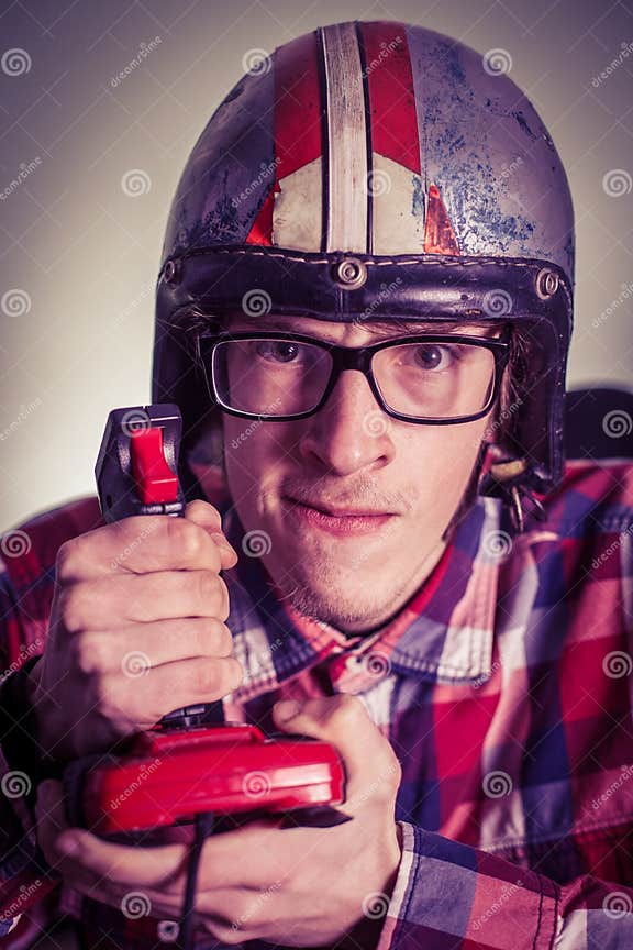 Young Nerd Playing Video Games on Retro Joystick Stock Image - Image of ...
