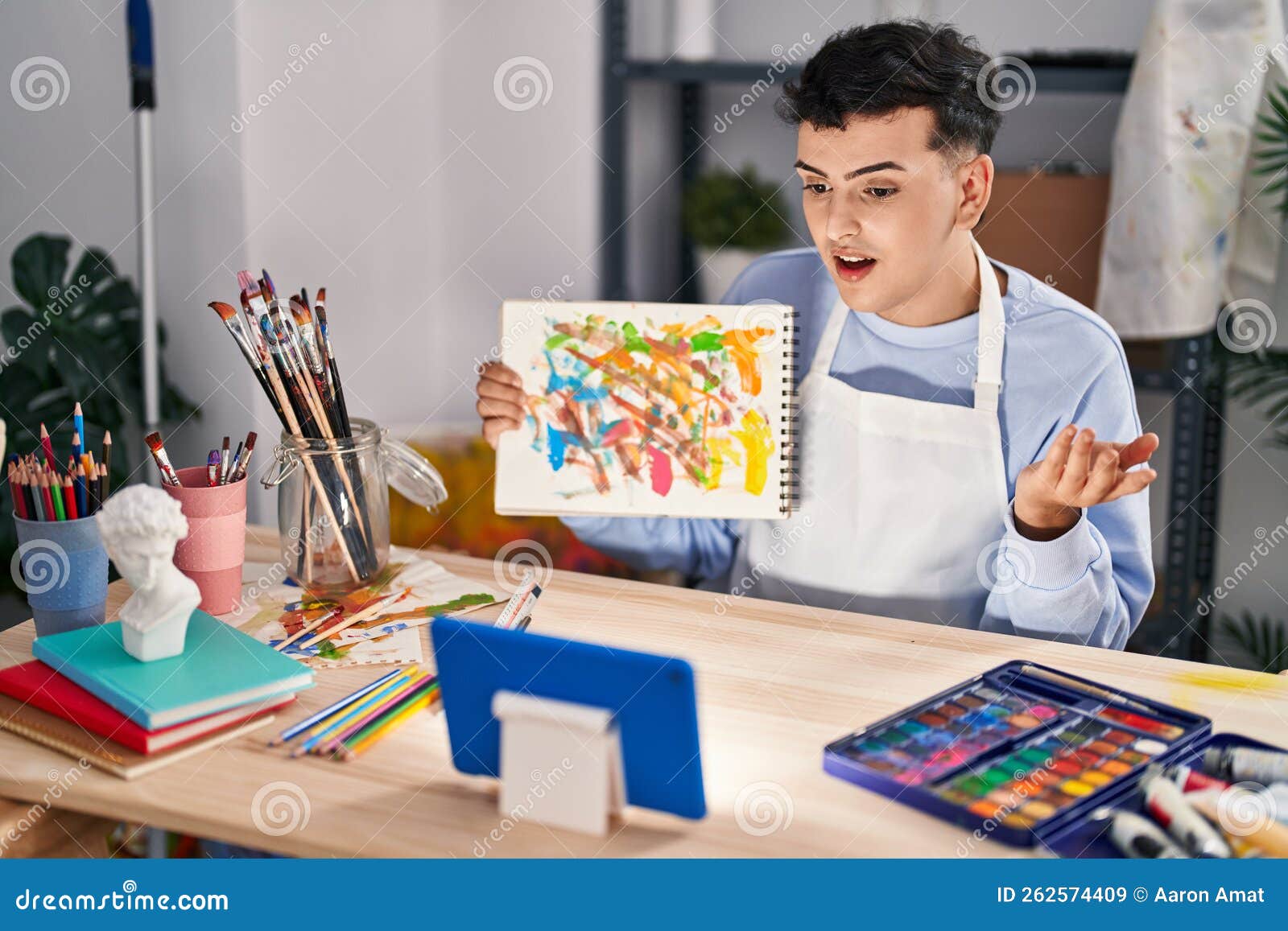 Young Non Binary Man Artist Having Online Drawing Class at Art Studio ...