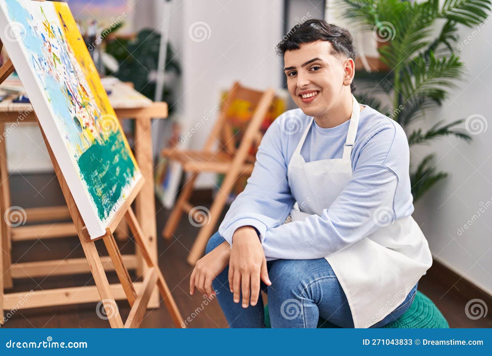 Young Non Binary Man Artist Smiling Confident Drawing at Art Studio ...