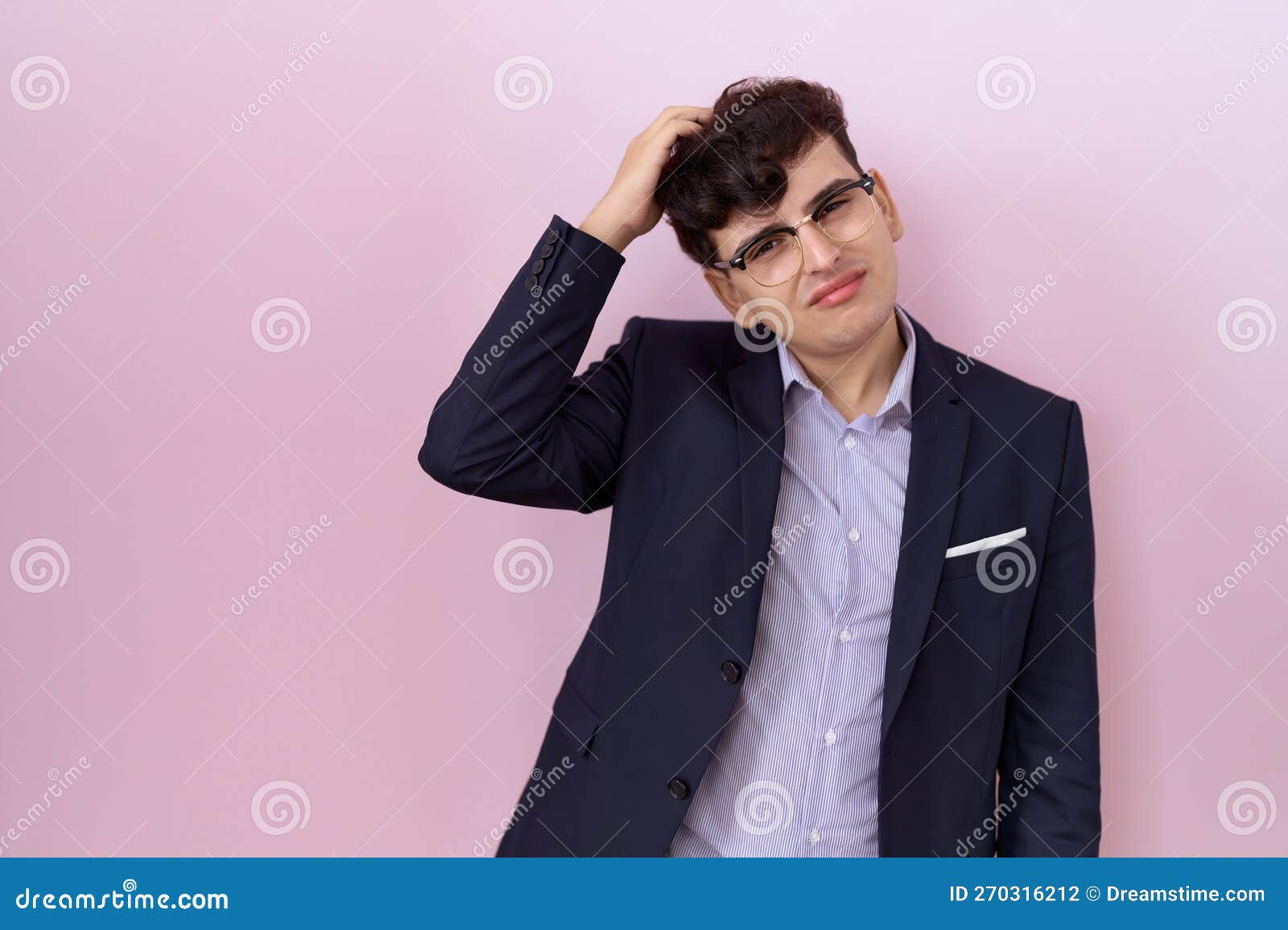 Young Non Binary Man with Beard Wearing Suit and Tie Confuse and Wonder ...