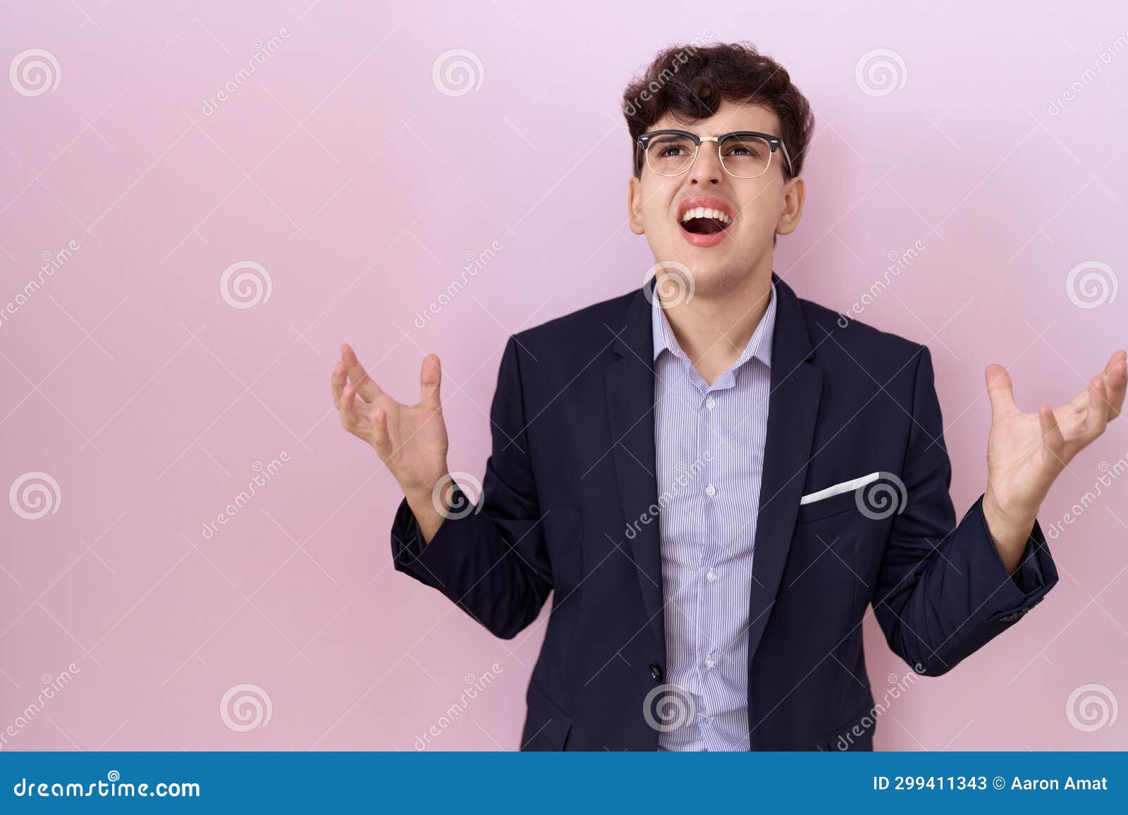 Young Non Binary Man with Beard Wearing Suit and Tie Crazy and Mad ...