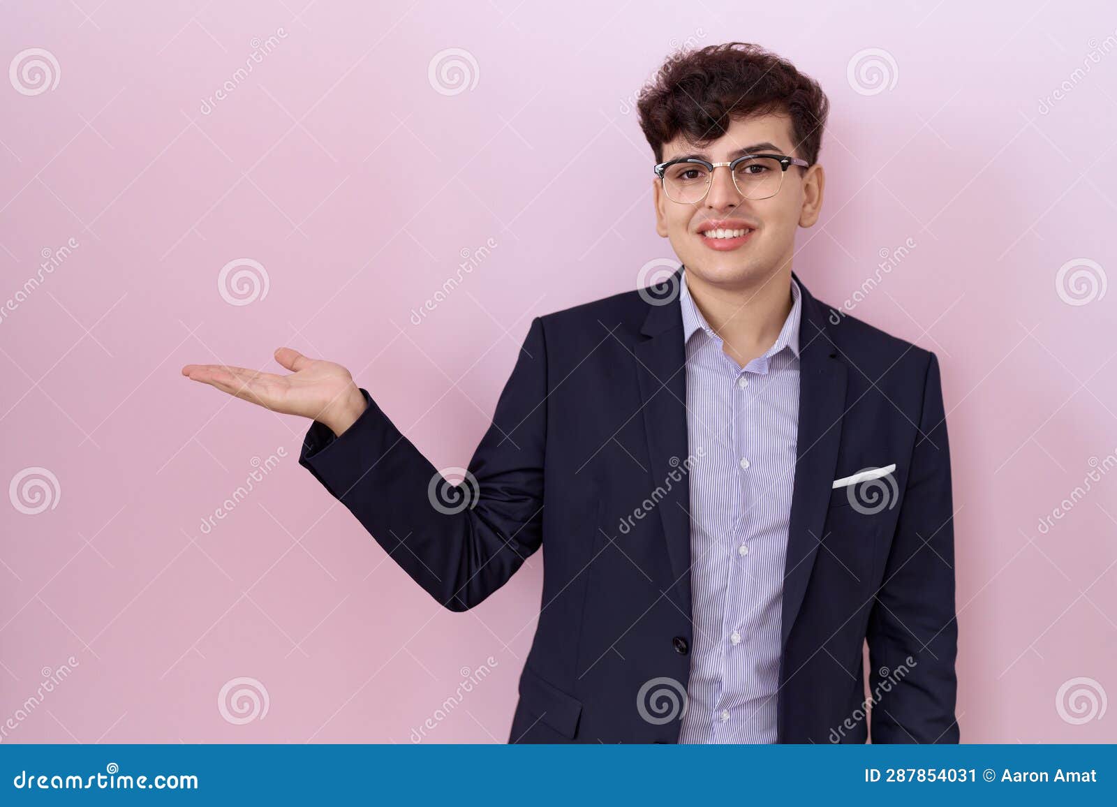 Young Non Binary Man with Beard Wearing Suit and Tie Smiling Cheerful ...