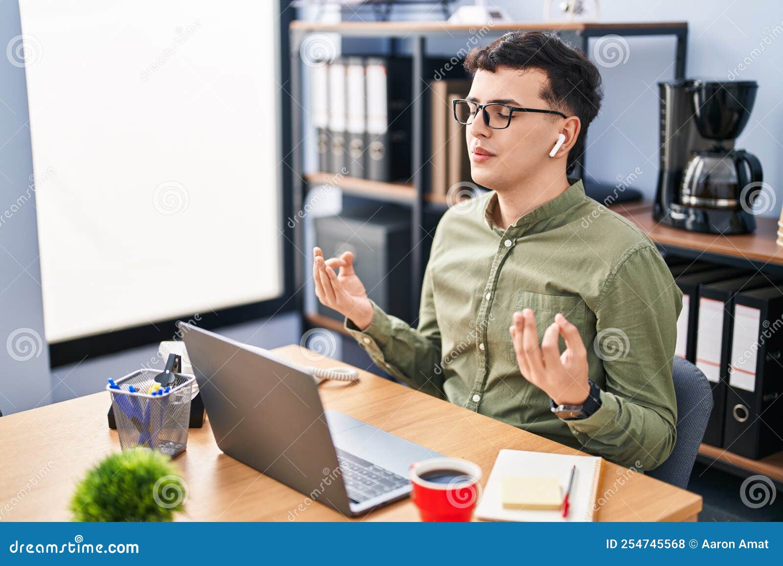 Young Non Binary Man Business Worker Doing Yoga Exercise at Office ...