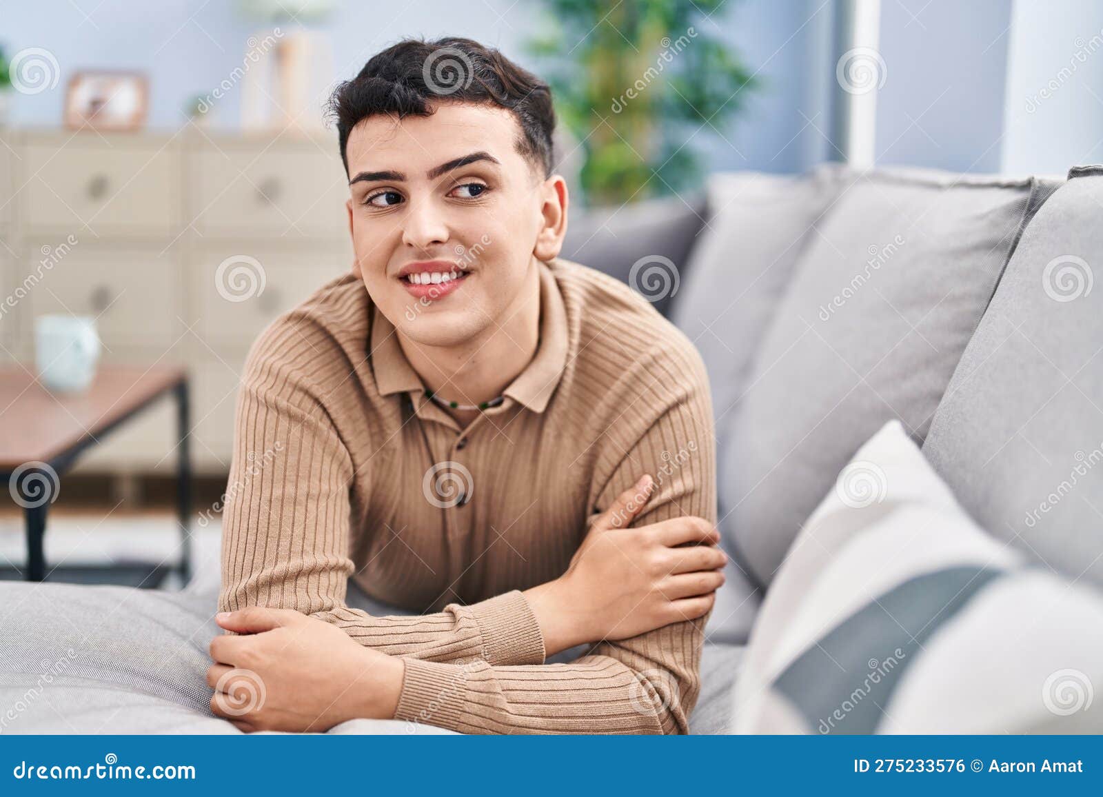 Young Non Binary Man Smiling Confident Lying on Sofa at Home Stock ...