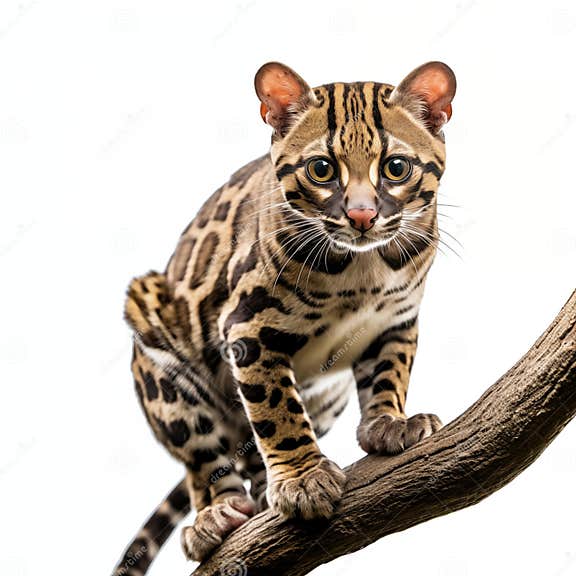 Young Ocelot on Tree Branch Isolated on White Background Stock ...