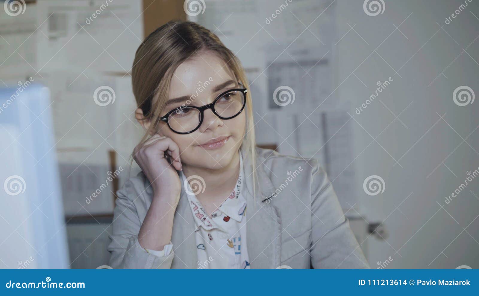 Young Office Girl in Glasses Works with Computer in Office. 4K Stock ...