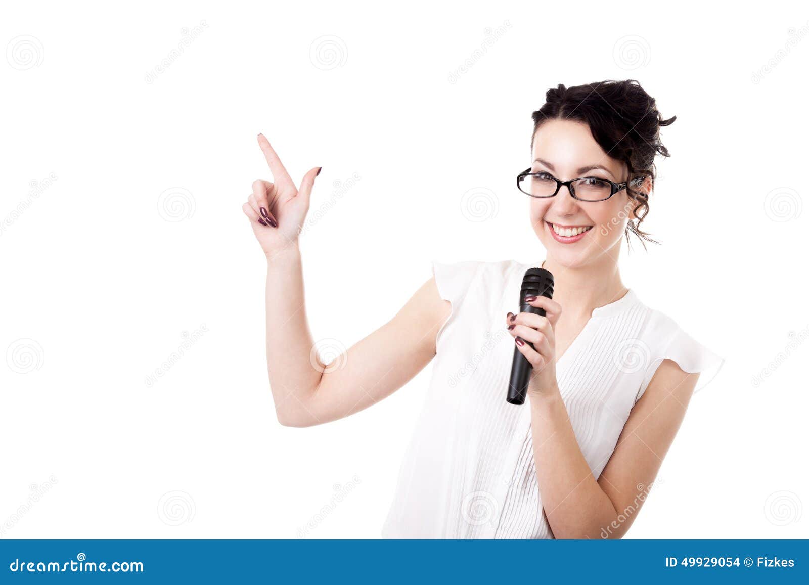 Young Office Woman Presenter with Microphone on White Background Stock ...