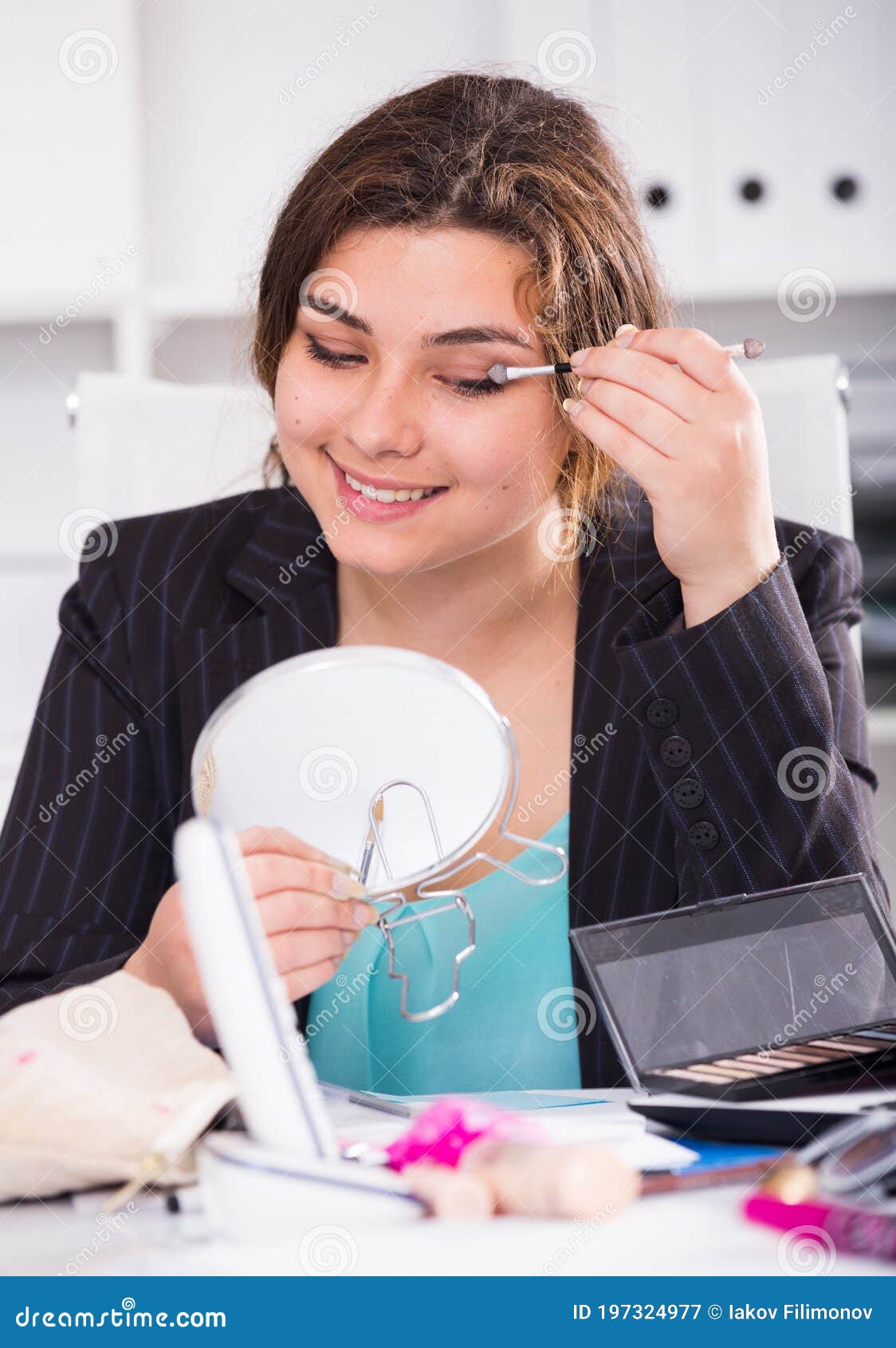 Young Office Worker Trainee is Making Makeup before Meeting Stock Image ...