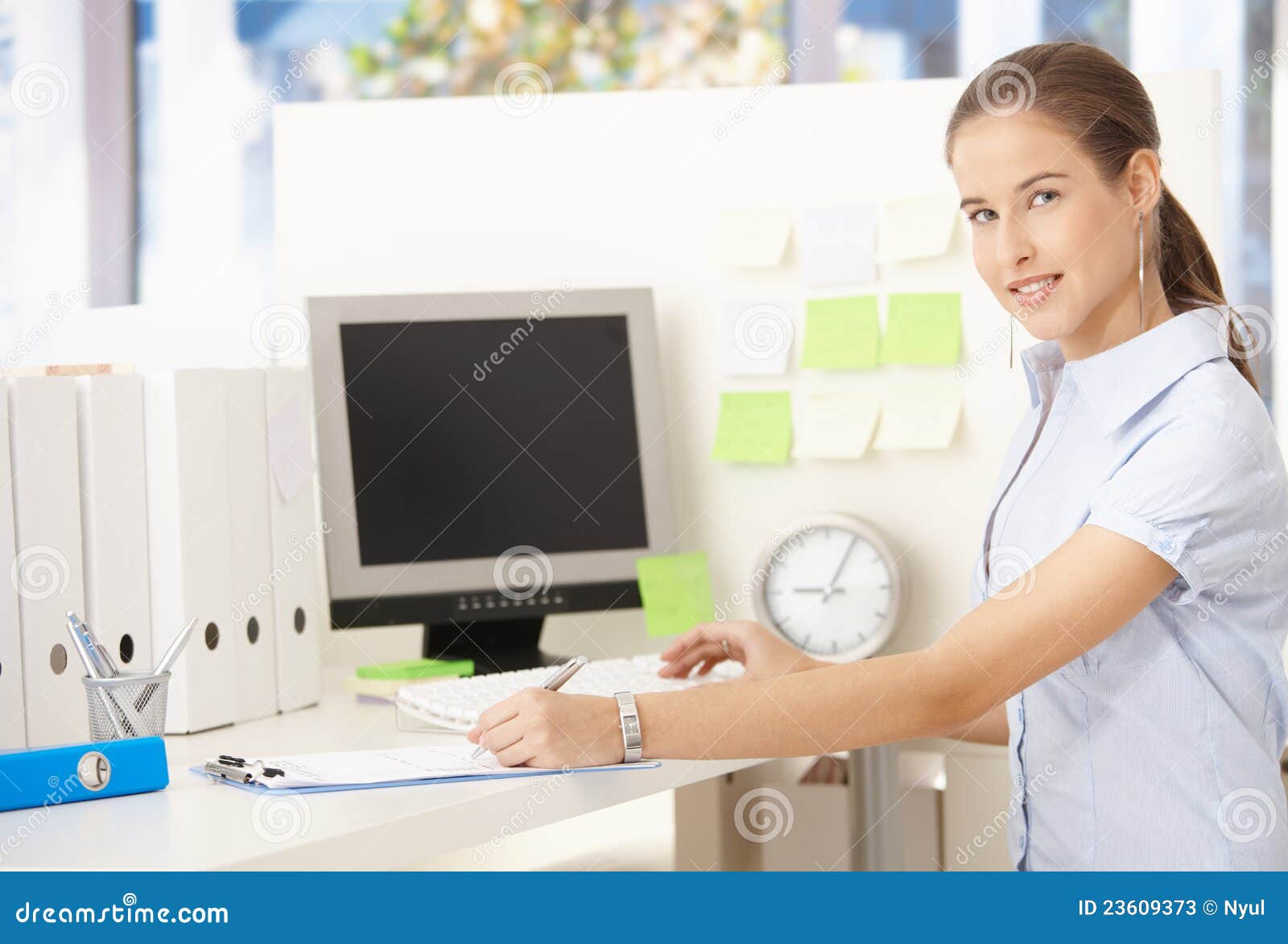 Young Office Worker Woman at Desk Stock Image - Image of adult ...