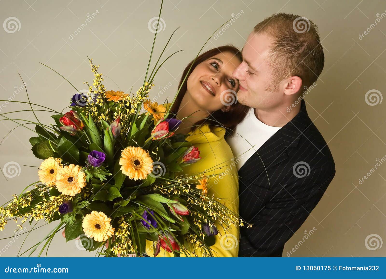 Young Pair Happyness with Bouquetin Love and Stock Image - Image of ...