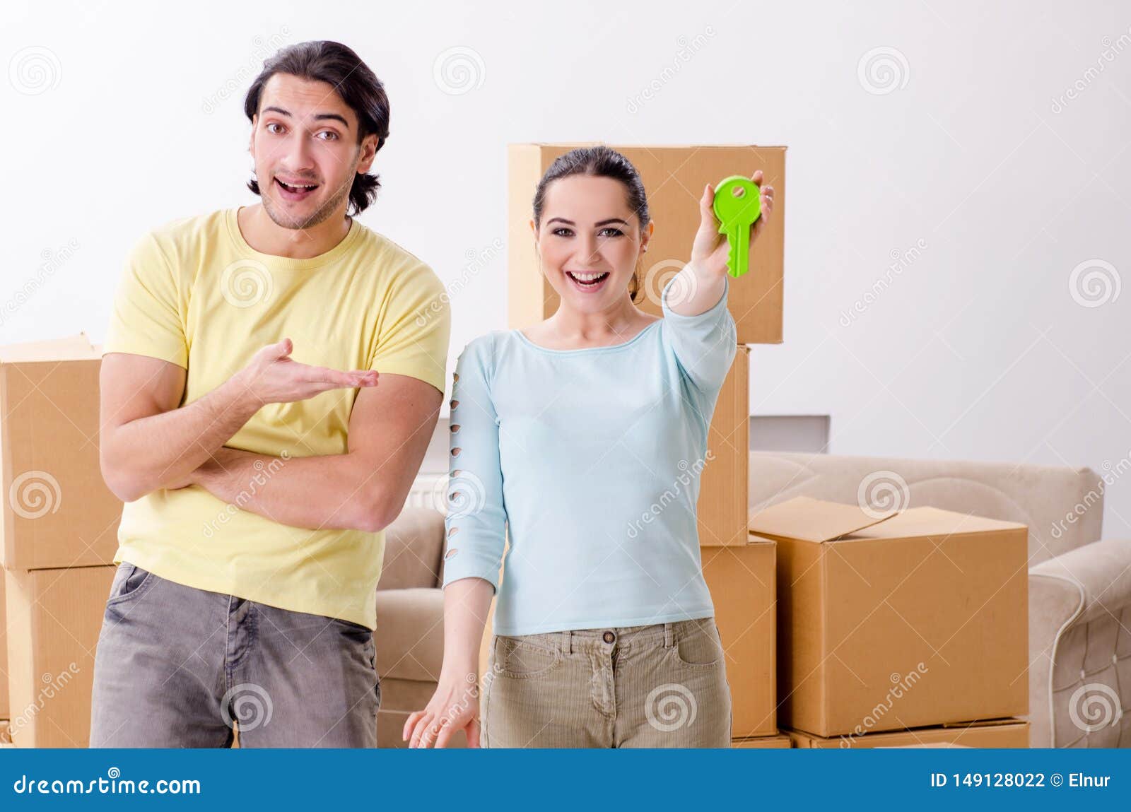 The Young Pair Moving To New Apaprtment Stock Photo - Image of husband ...