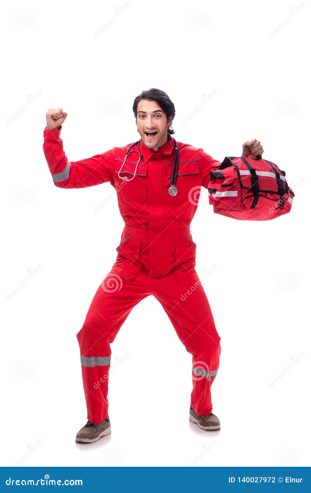 The Young Paramedic in Red Uniform Isolated on White Stock Photo ...