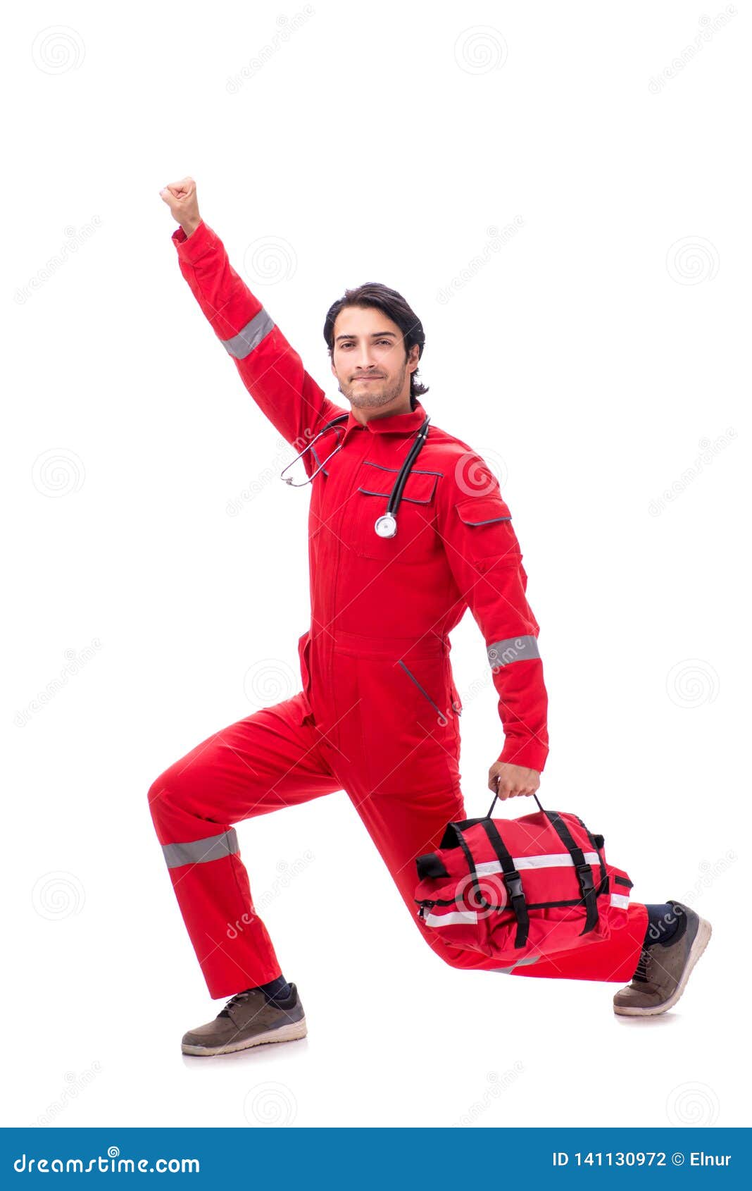 The Young Paramedic in Red Uniform Isolated on White Stock Photo ...