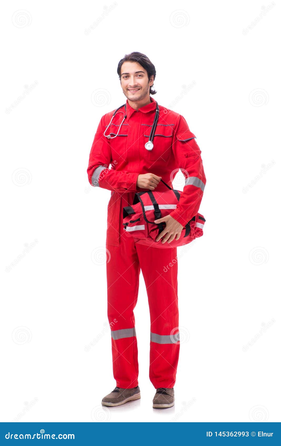 The Young Paramedic in Red Uniform Isolated on White Stock Image ...