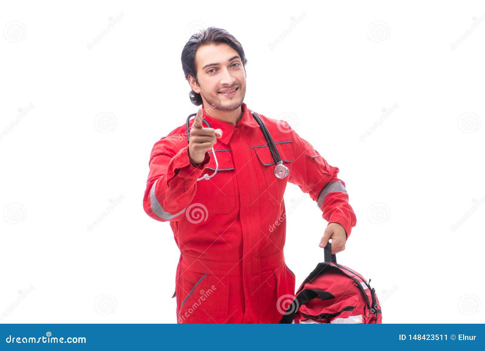 The Young Paramedic in Red Uniform Isolated on White Stock Image ...