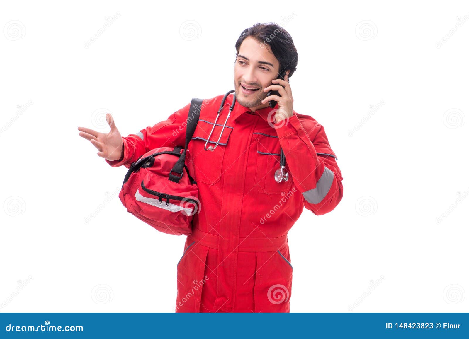 The Young Paramedic in Red Uniform Isolated on White Stock Image ...