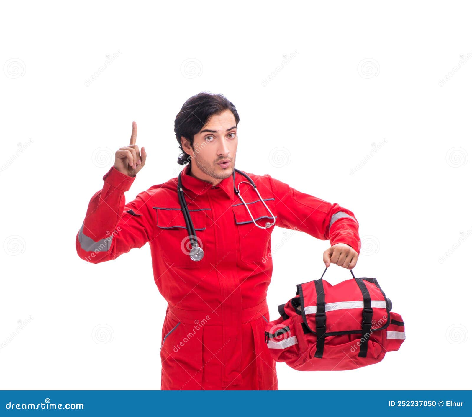Young Paramedic in Red Uniform Isolated on White Stock Photo - Image of ...