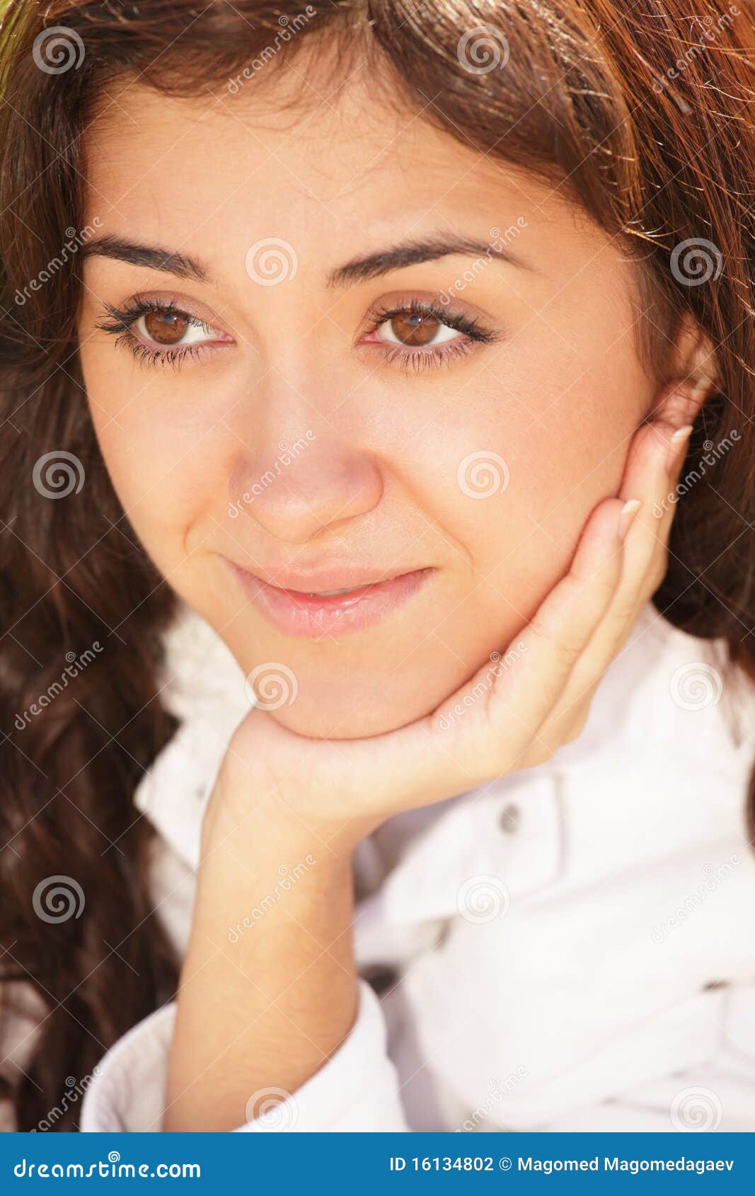 Young Pensive Brunette Leaning on Hand Stock Photo - Image of female ...