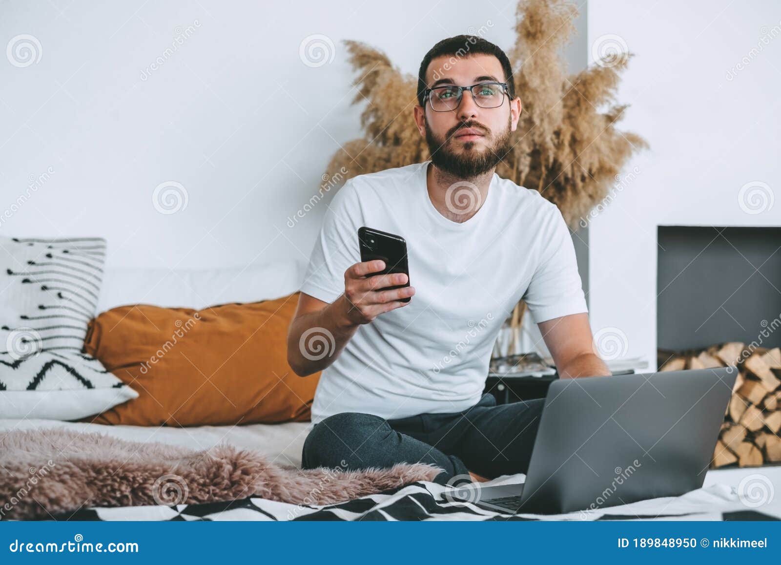 Young Pensive Caucasian Bearded Man Freelance Worker Work At Home