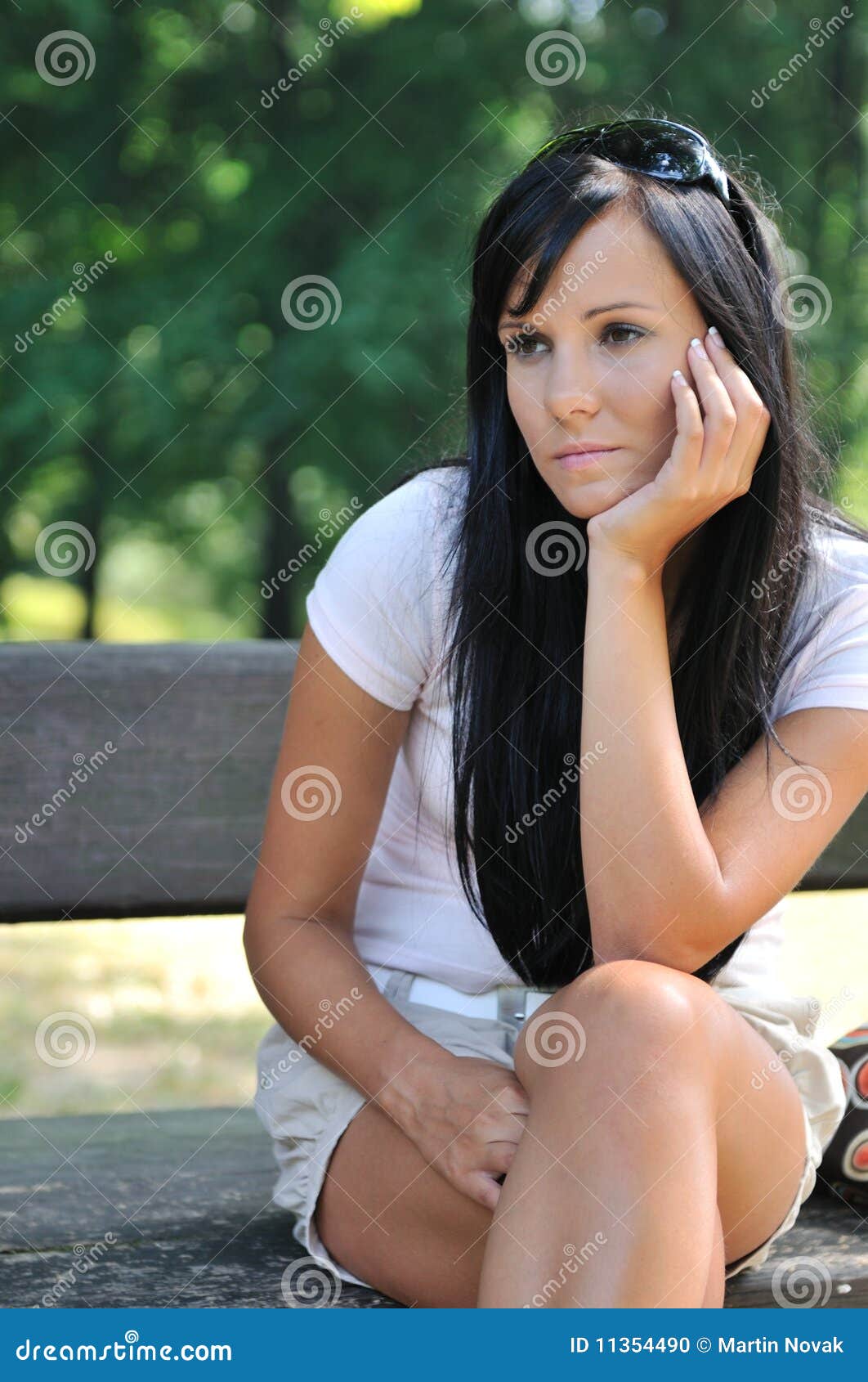 Young Pensive Woman Siting on Bench Stock Photo - Image of caucasian ...