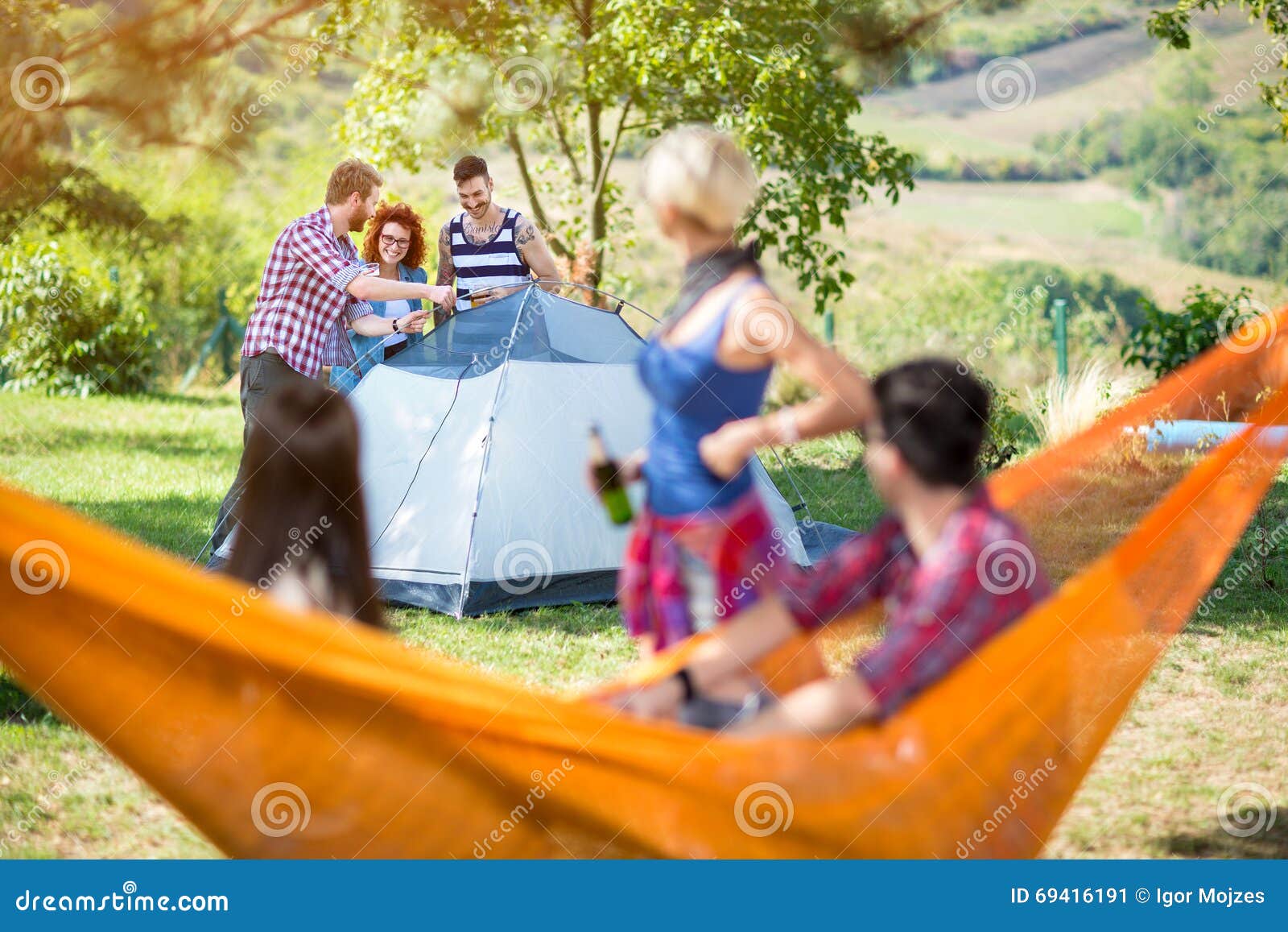 Young People on Camping Setting Tent in Forest Stock Image - Image of ...