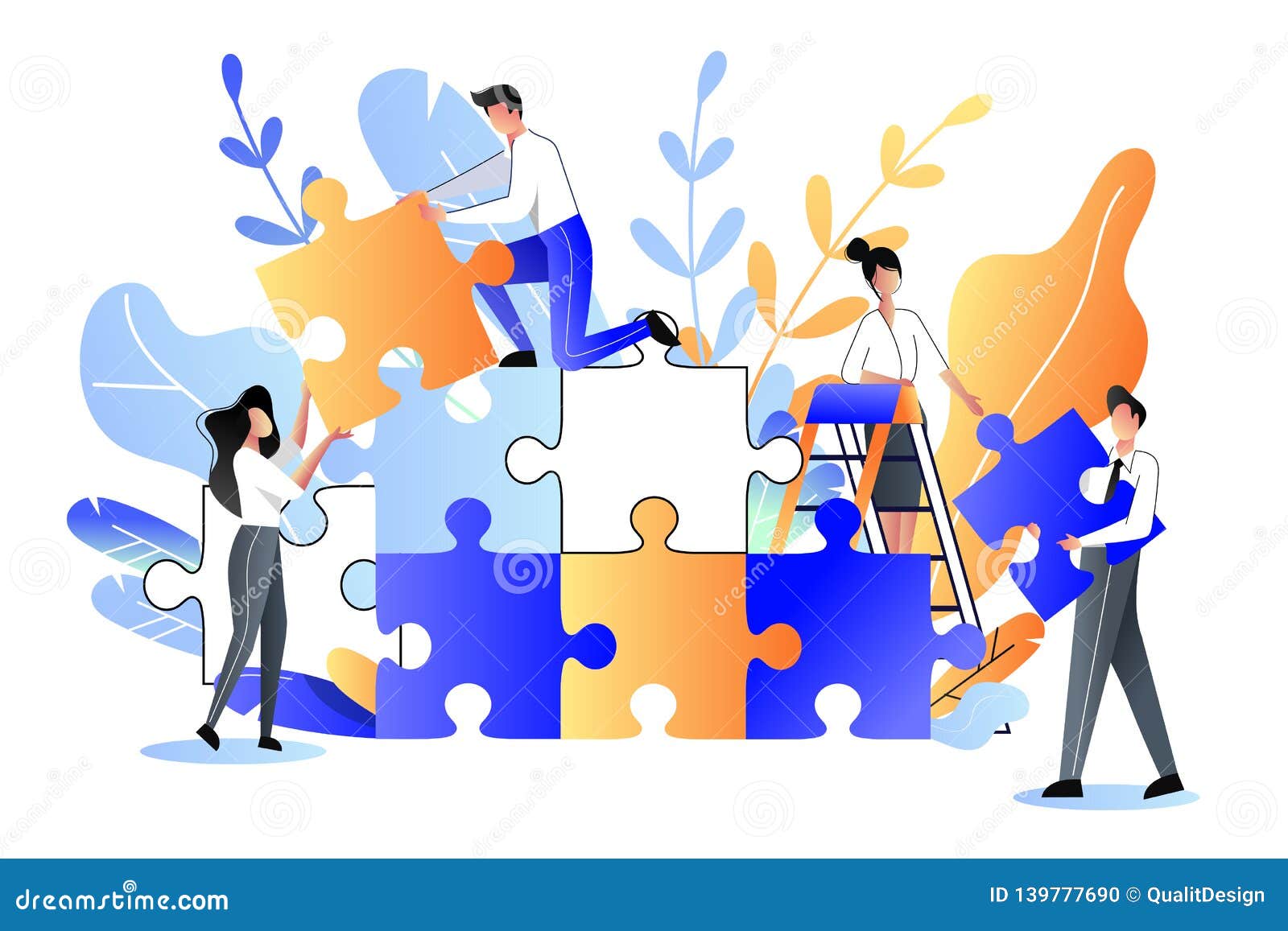 Young People Collect Multicolor Puzzle Vector Flat Illustration Development Teamwork
