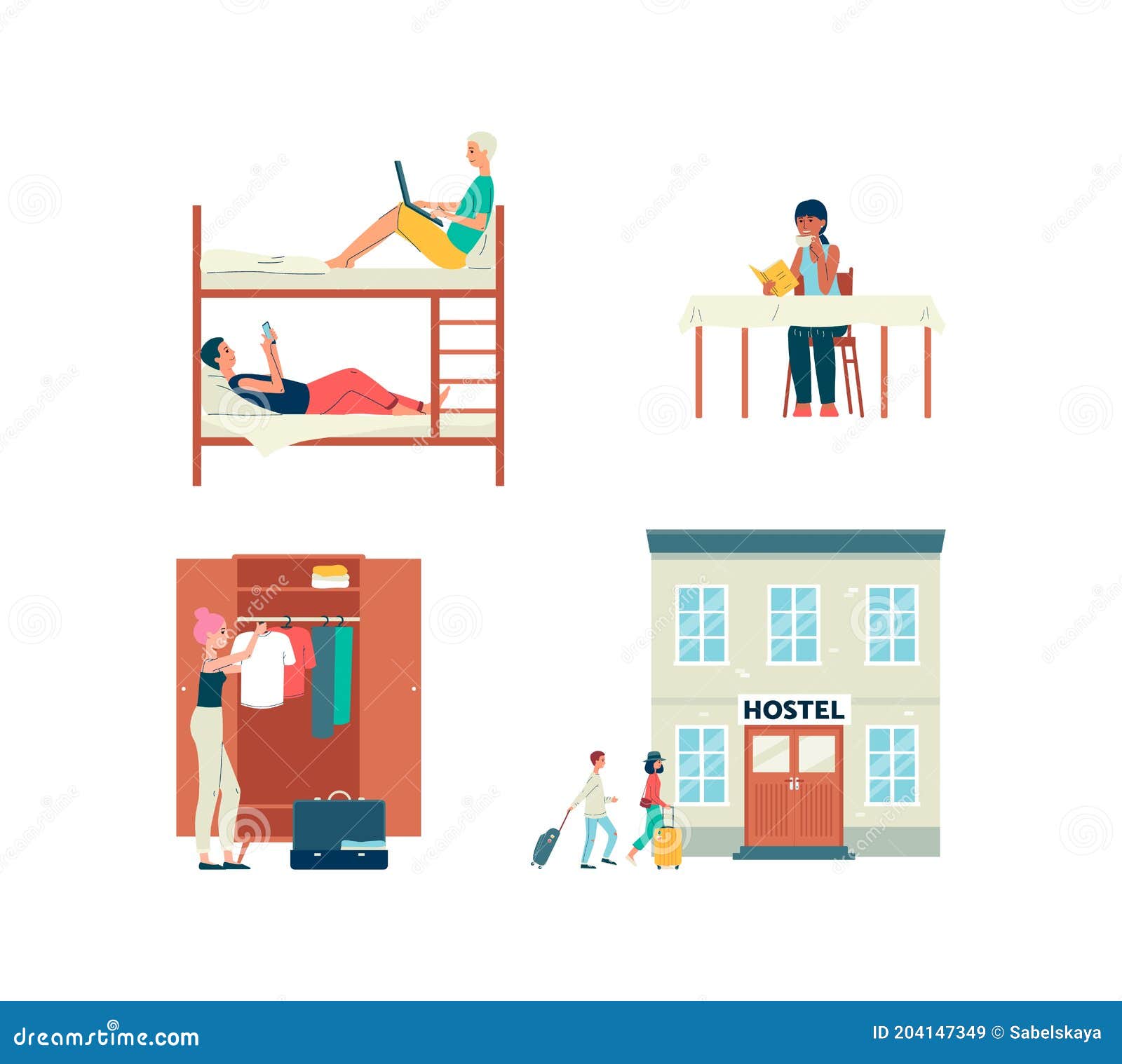 Young People in Comfortable Youth Hostel, Flat Vector Illustrations Set ...