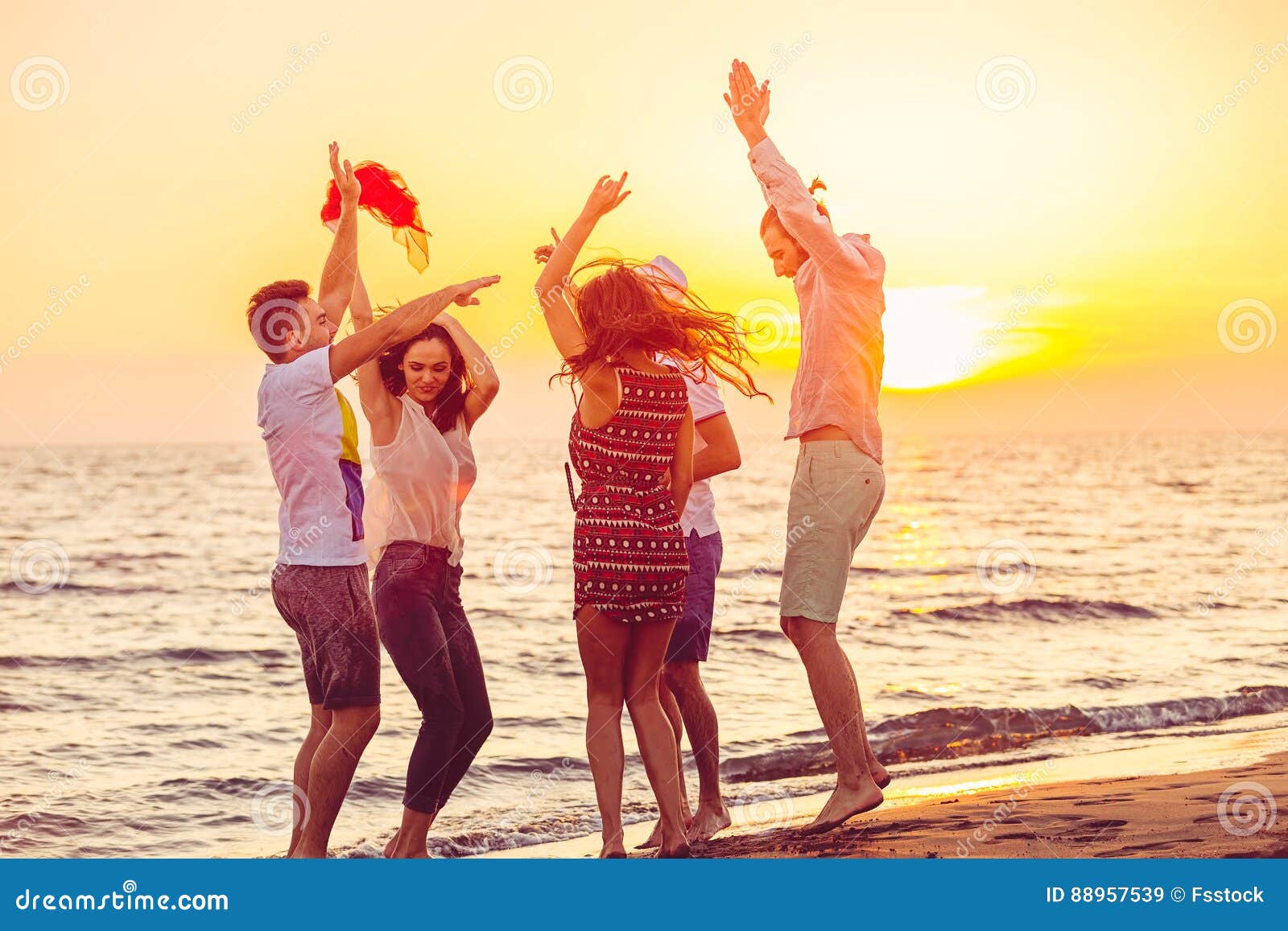 Young People Dancing on Beach at Sunset Stock Image - Image of disco ...