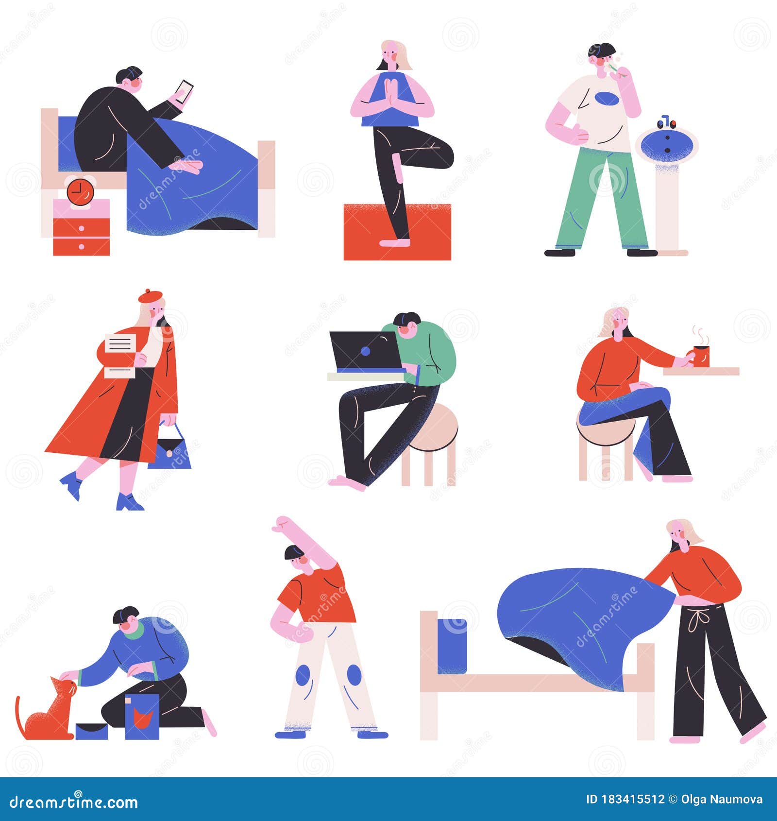 Young People Doing Everyday Routine Things Vector Illustration Stock ...