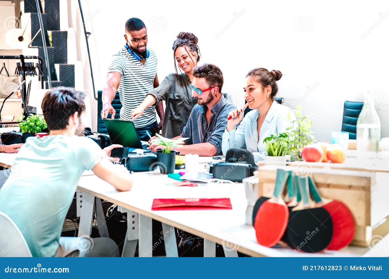 Young People Employees Group Working at Computer in Startup Studio ...