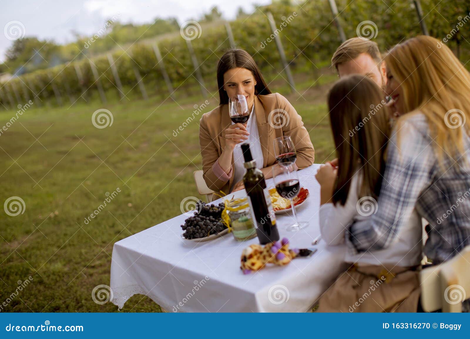 Young People Enjoy Dinner and Wine Tasting in the Vineyard Stock Photo ...
