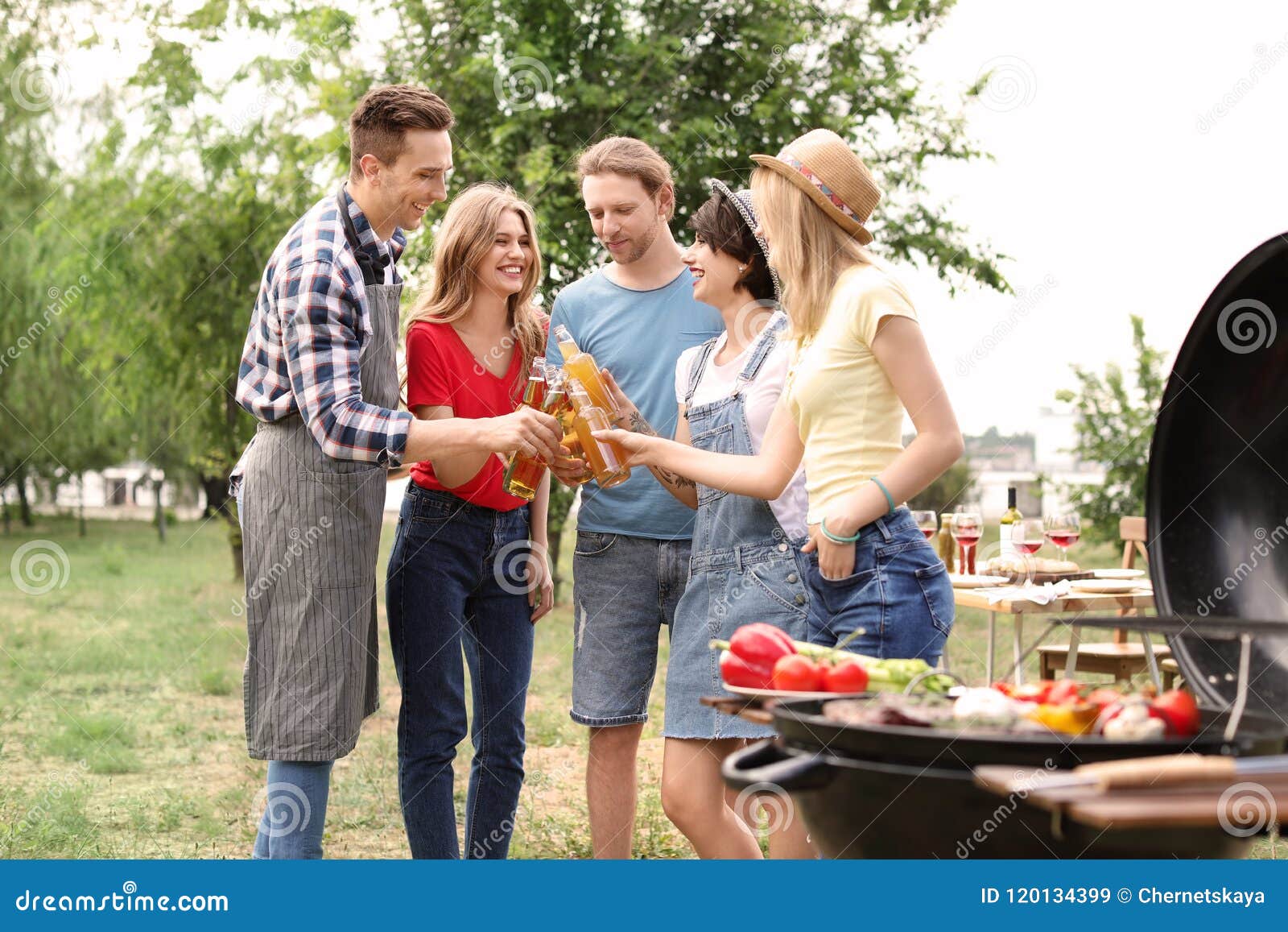 Young People Having Barbecue with Modern Grill Stock Image - Image of ...