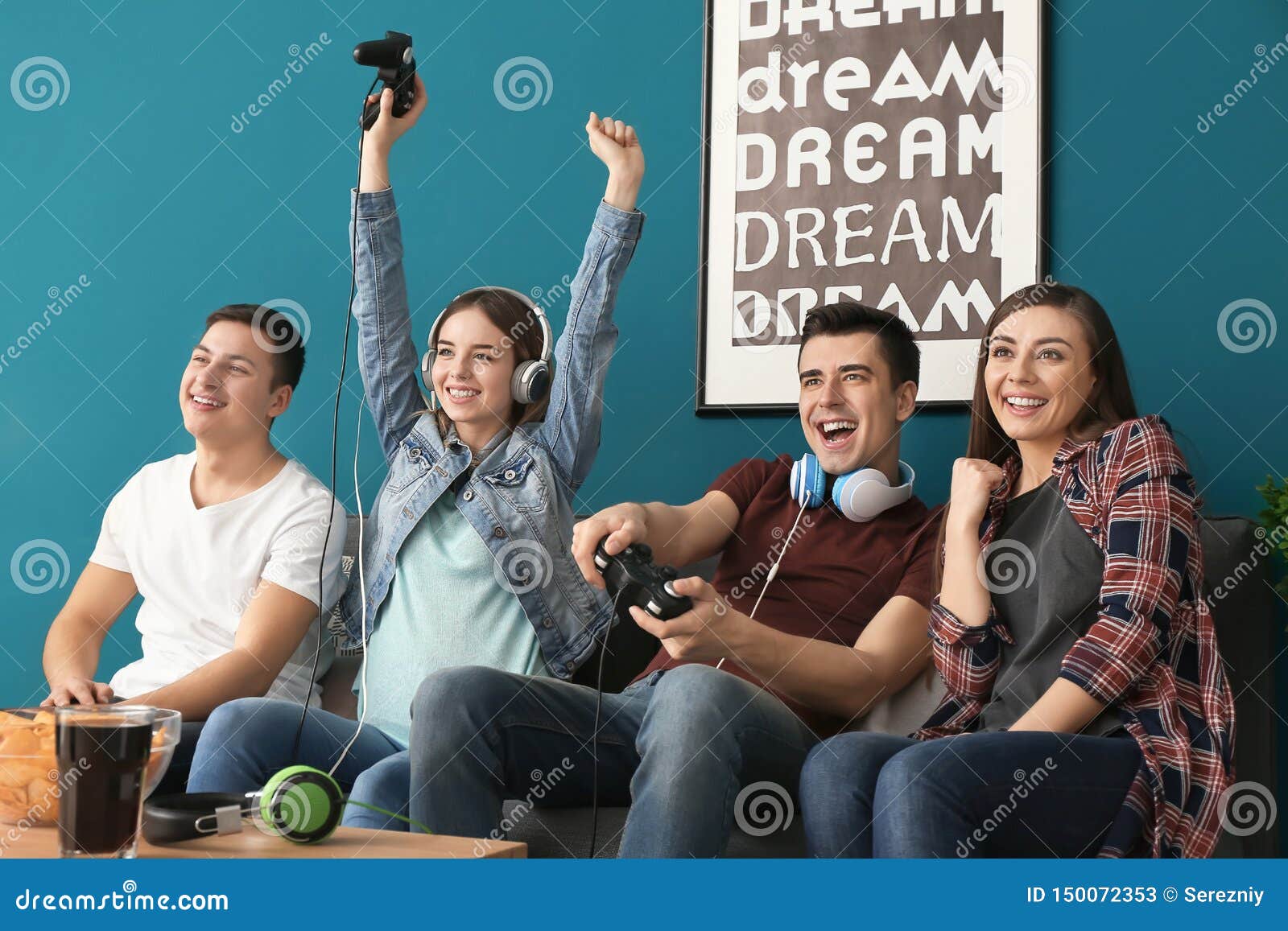 Young People Playing Video Games at Home Stock Image - Image of friends ...