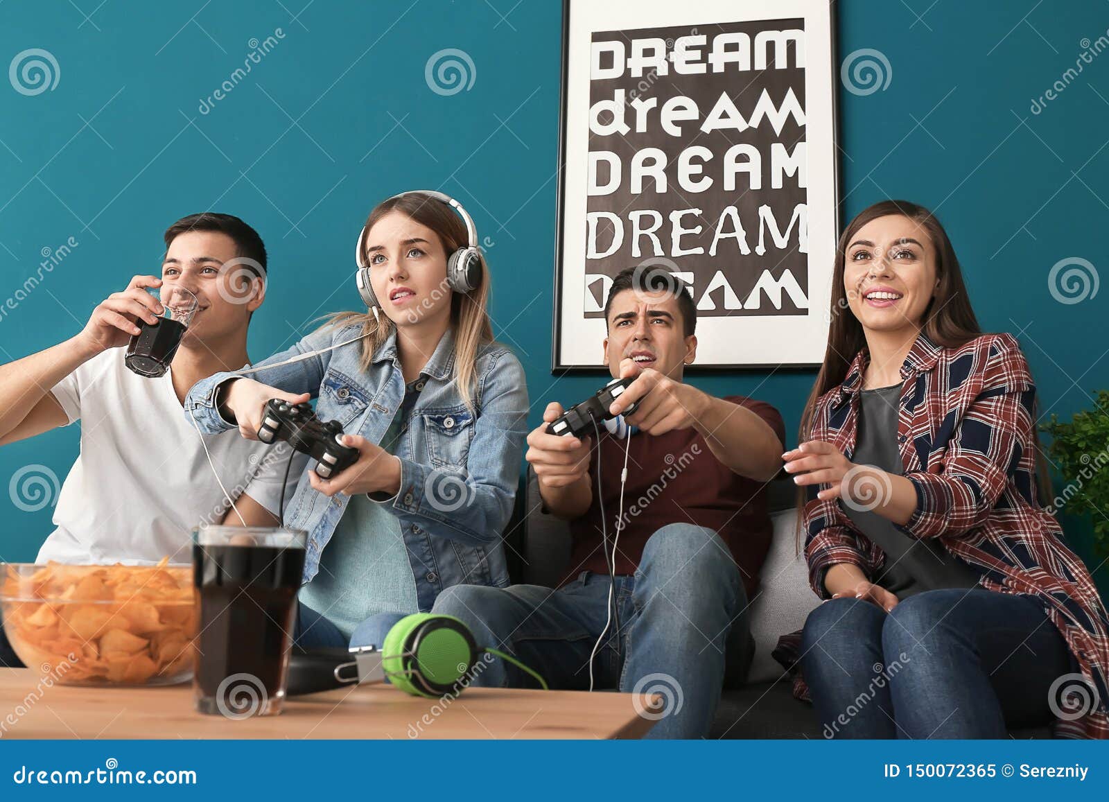 Young People Playing Video Games at Home Stock Image - Image of drink ...