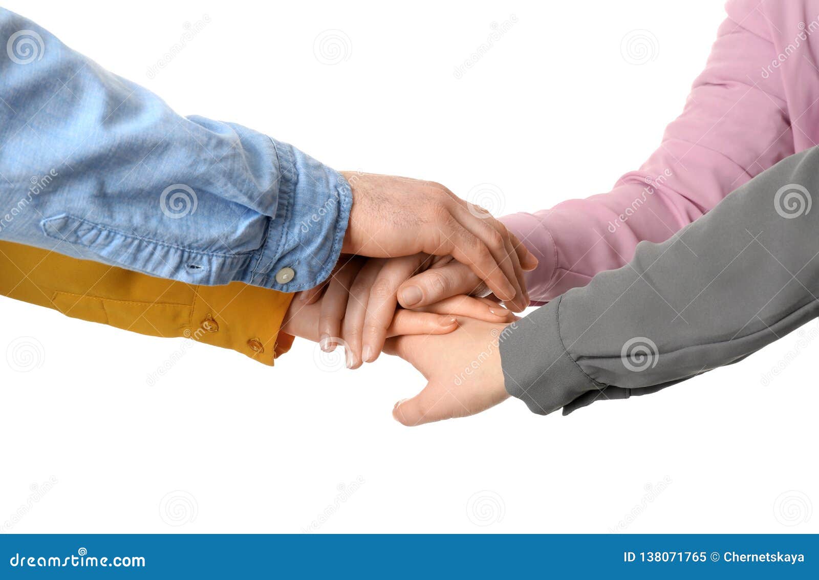 Young People Putting Their Hands Together On White, Closeup Stock Image ...