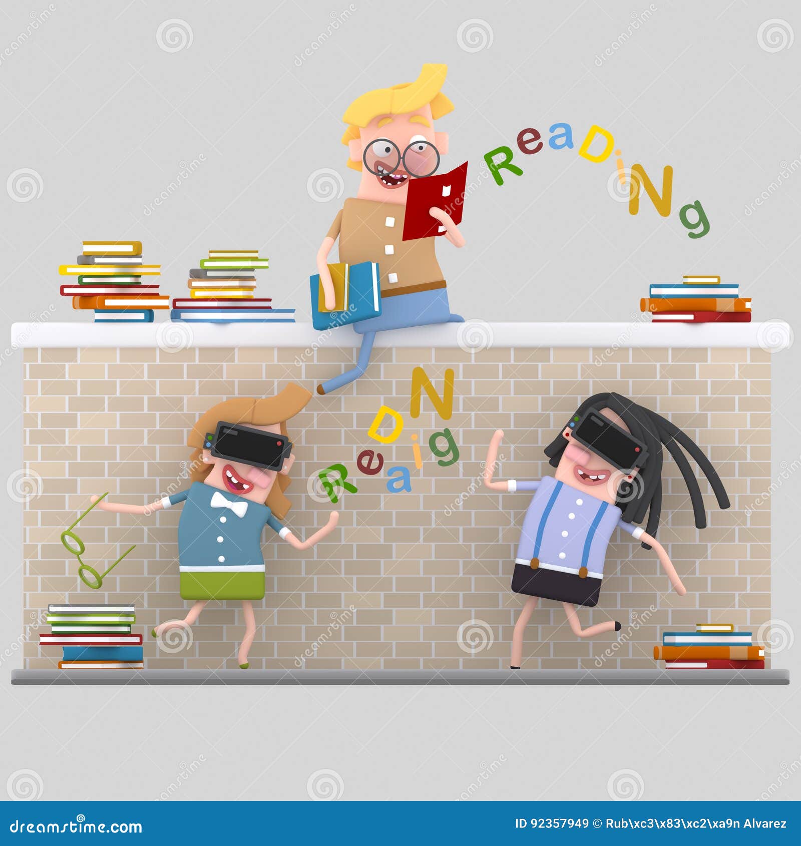Young People Reading with Virtual Reality Set Stock Illustration ...