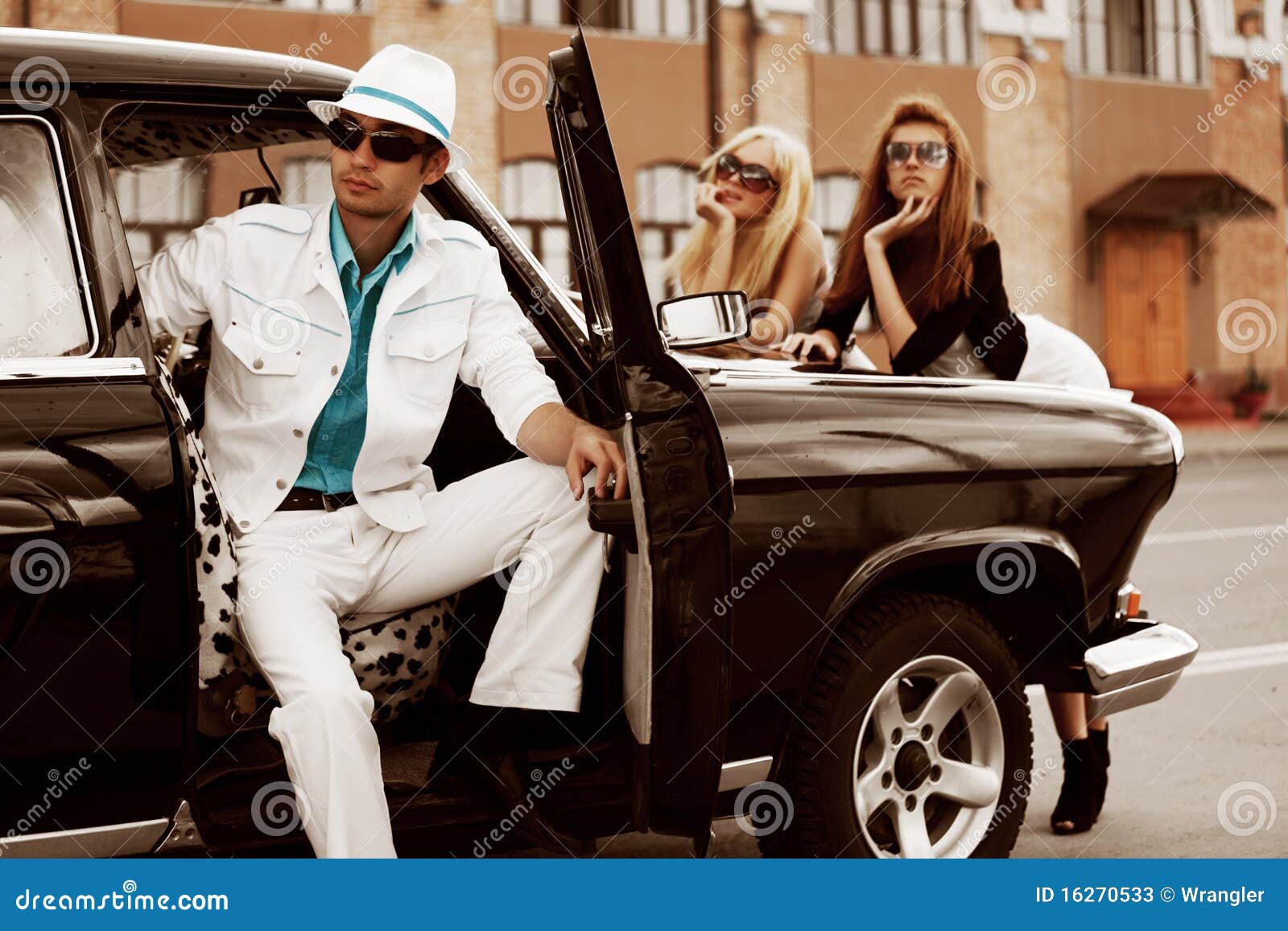 Young People with a Retro Car Stock Image - Image of automobile, color ...