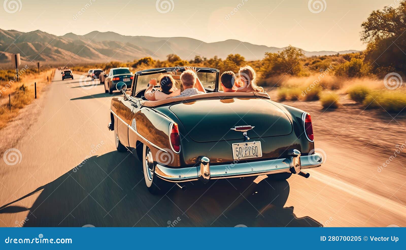 Young People Ride in a Vintage Convertible Back View. Generative AI ...