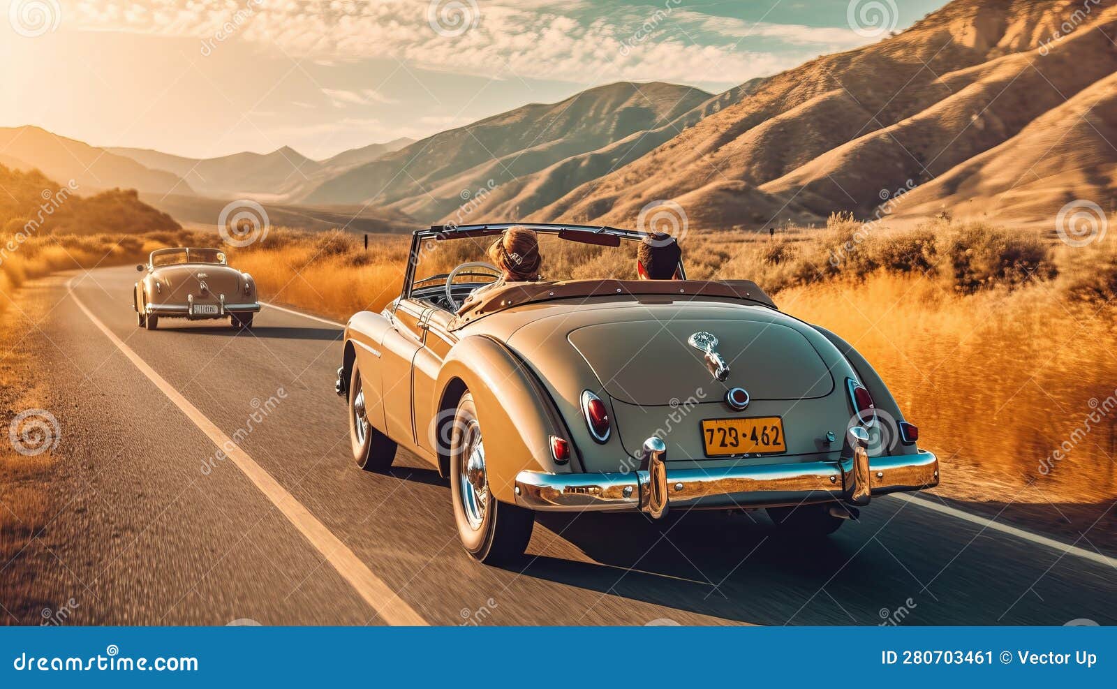 Young People Ride in a Vintage Convertible Back View. Generative AI ...