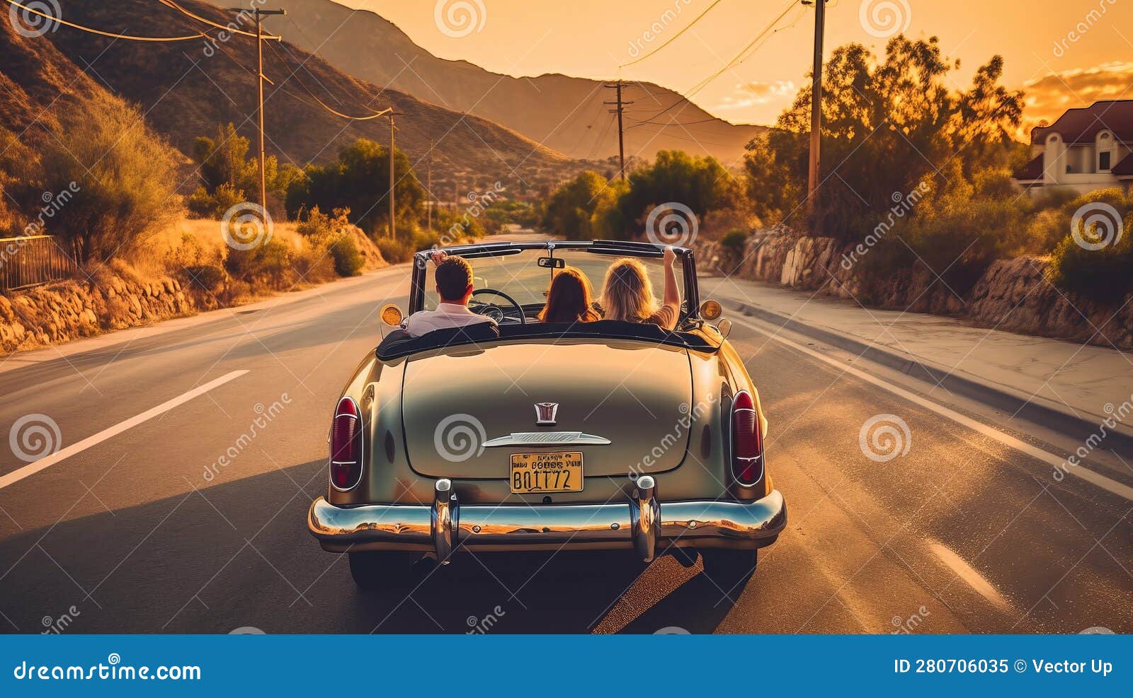 Young People Ride in a Vintage Convertible Back View. Generative AI ...