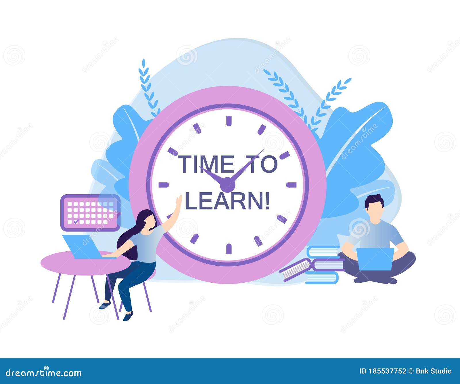 Young people study, clock stock vector. Illustration of online - 185537752
