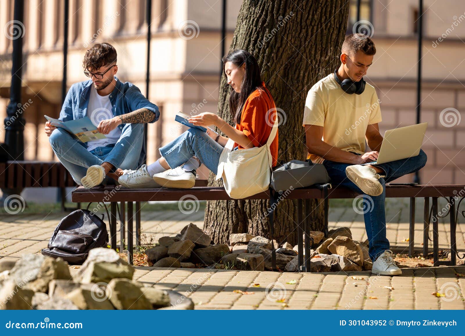 Young People Studying Outside Together and Looking Involved Stock Photo ...