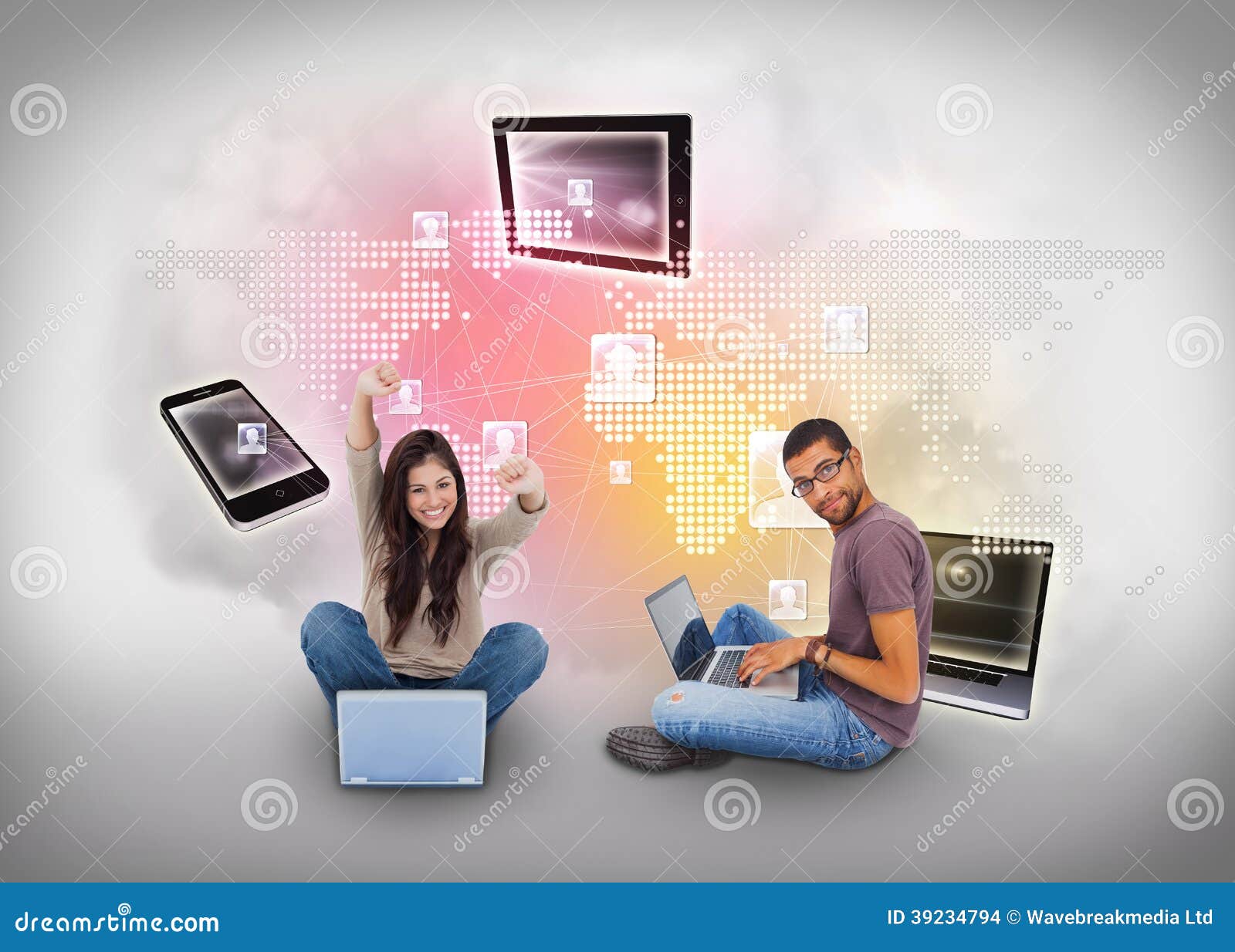 Young People Using Laptops with Profiles and Map Stock Photo - Image of ...