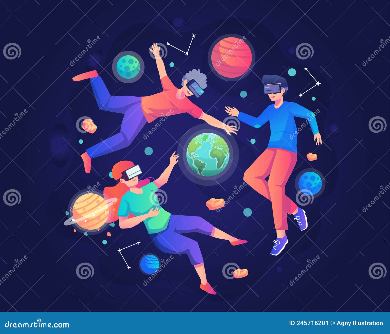 Young People Wearing VR Headsets Floating in Outer Space among the ...