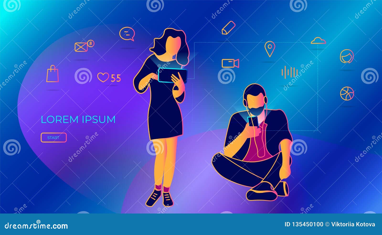 Young People Write Messages Using a Smartphone. Vector Illustration of ...