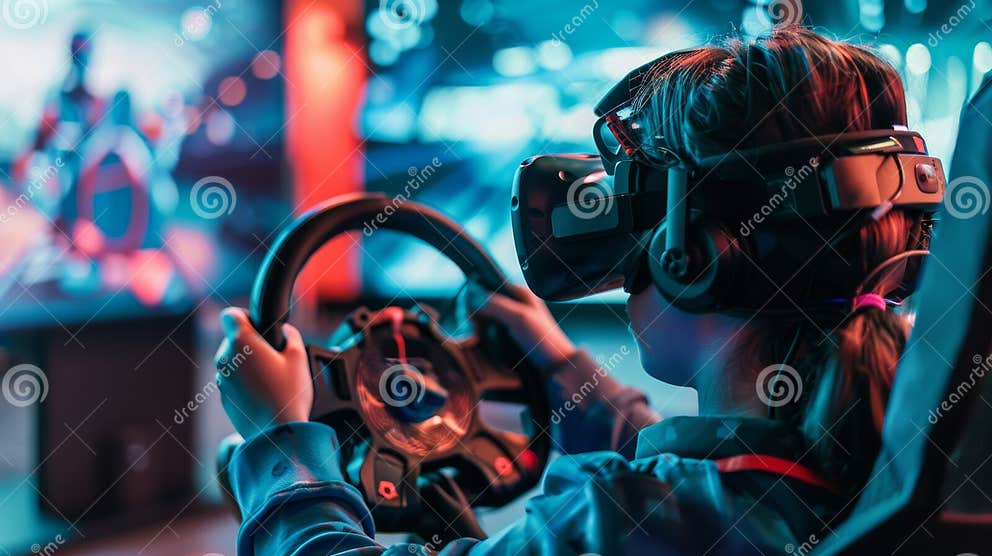 A Young Person is Immersed in a Virtual Reality Racing Simulation ...