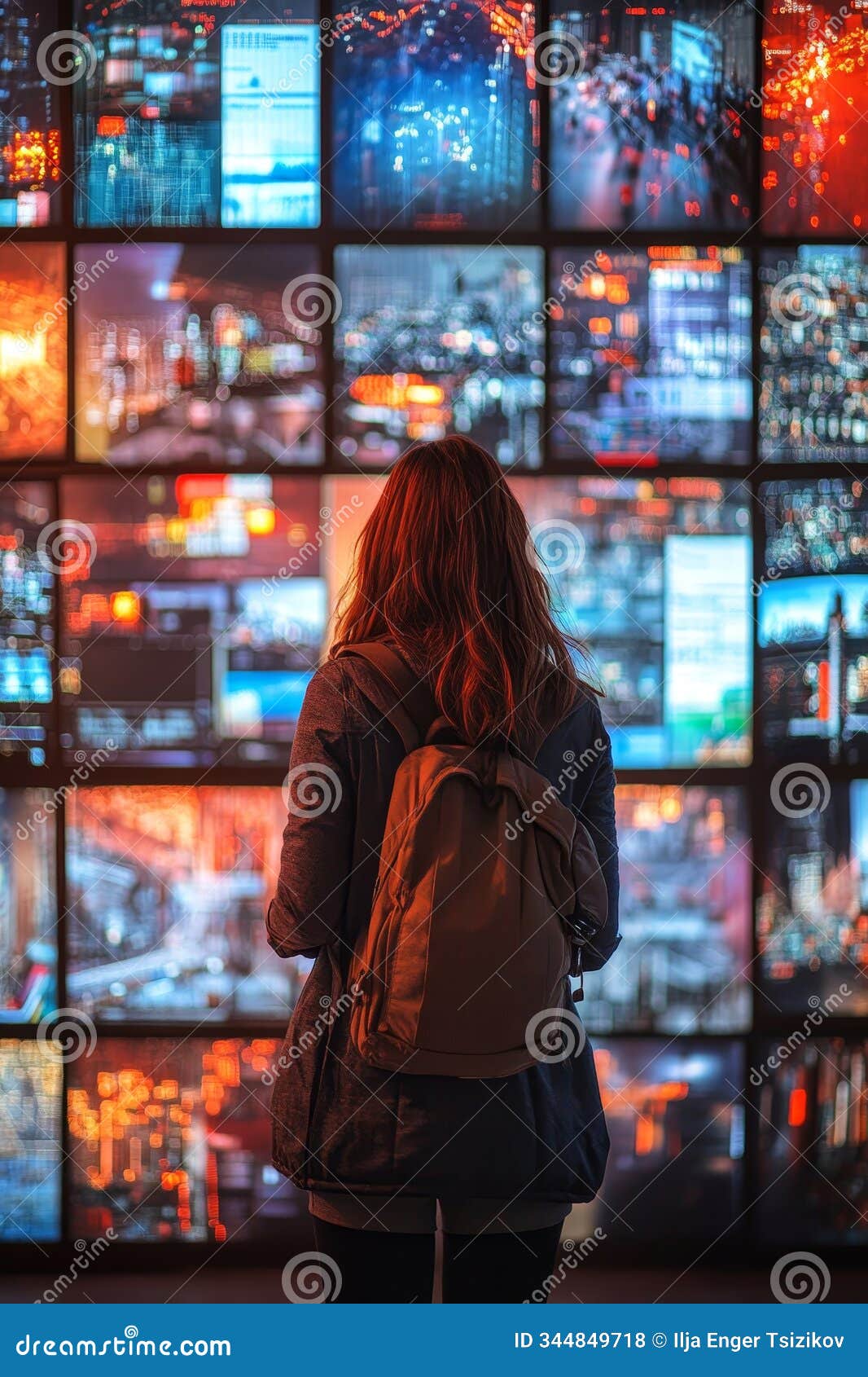 Young Person Observing Diverse Content on a Multi-Screen Video Wall in ...