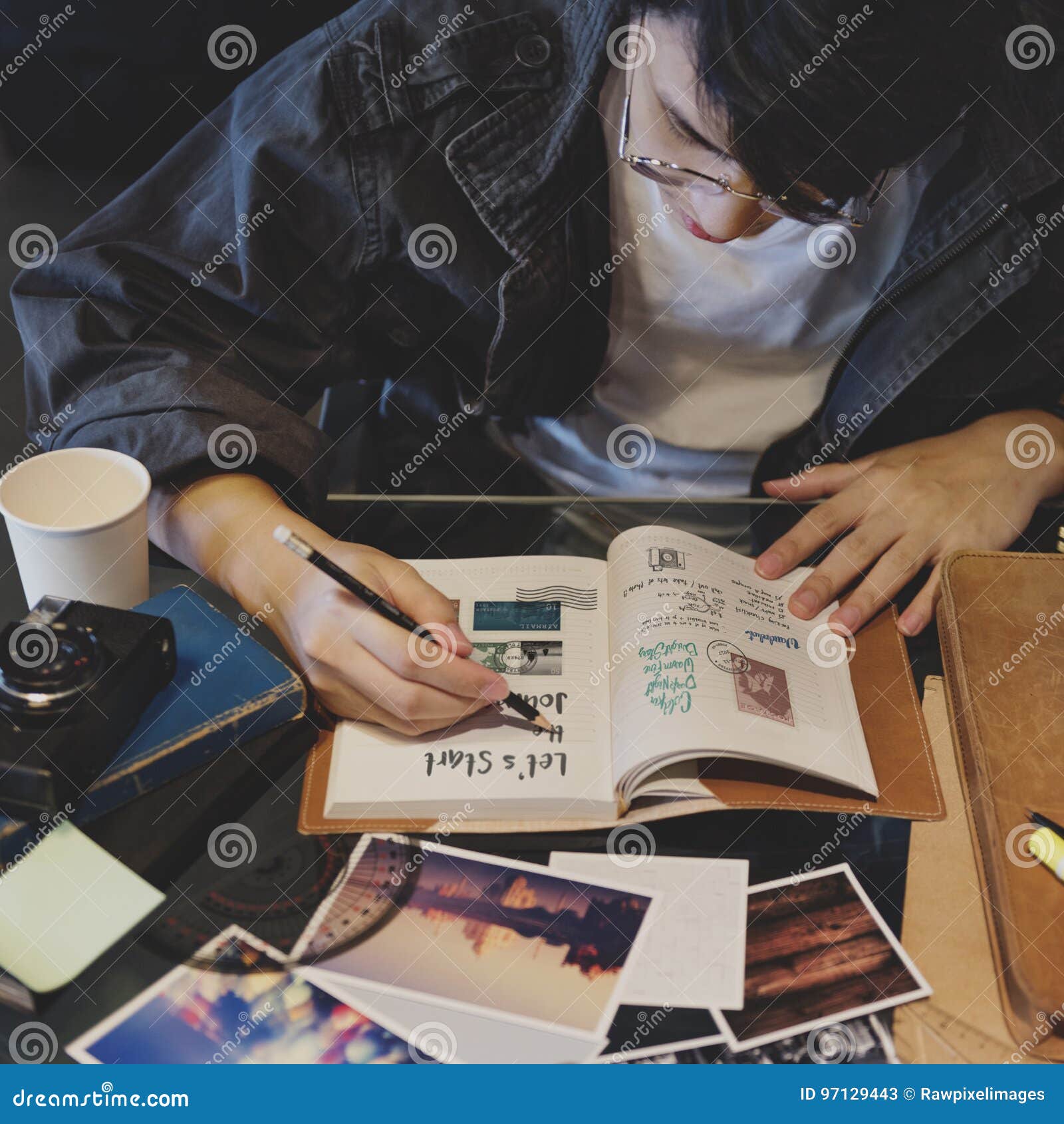 Young Photographer Writing Diary and Photobook Stock Image - Image of ...