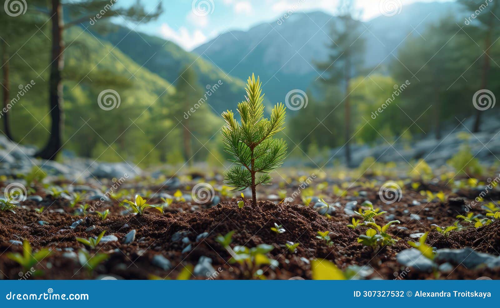 A Young Pine Tree Sapling Grows in Rich Soil Against a Forested ...